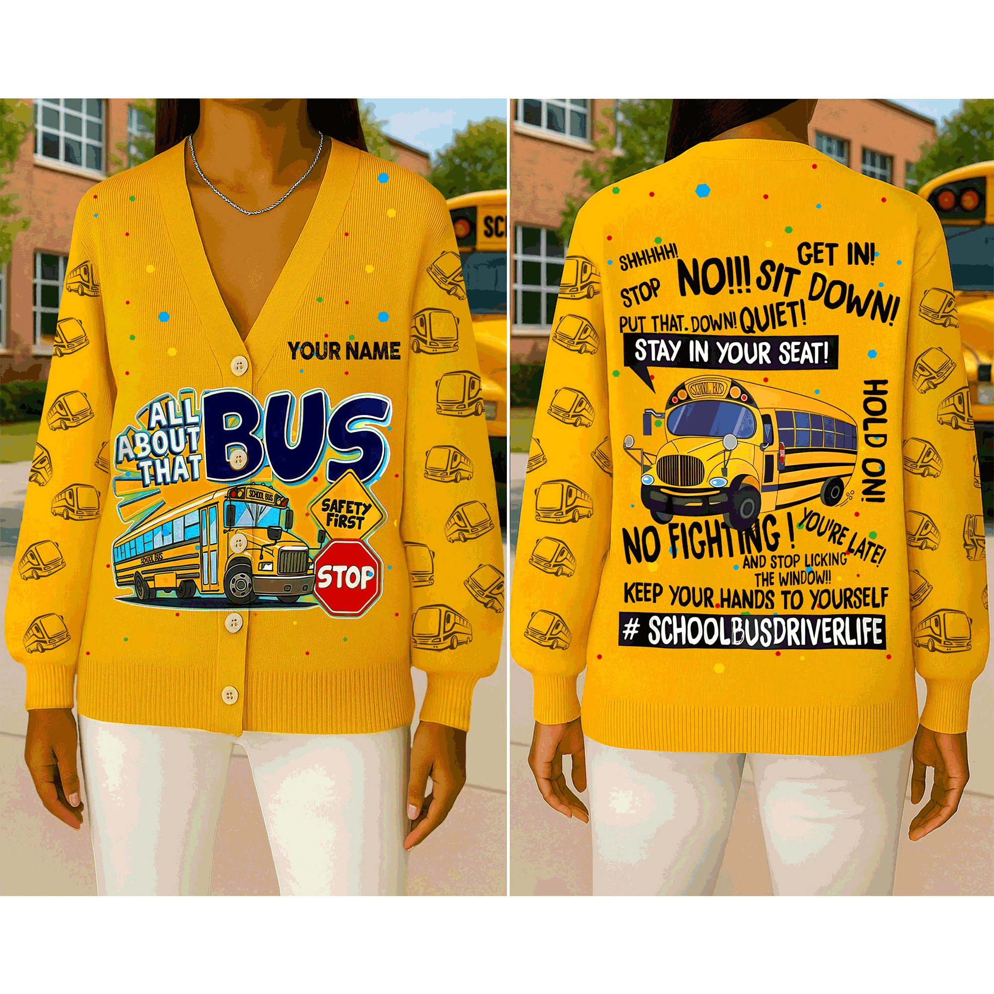 Personalized Name School Bus Driver Knitted Cardigan UKND5091001 ...